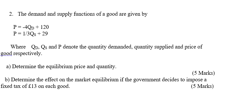 Solved 2. The demand and supply functions of a good are | Chegg.com