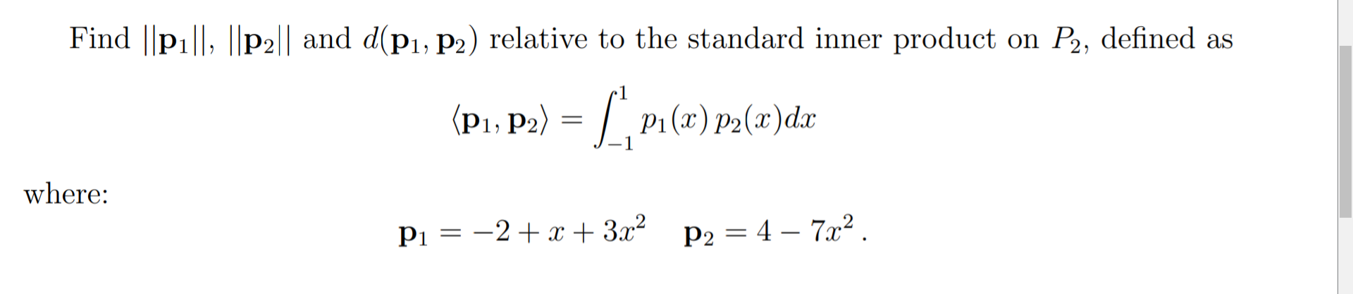 Solved Find ||p1|||||p2|| and d(P1, p2) relative to the | Chegg.com