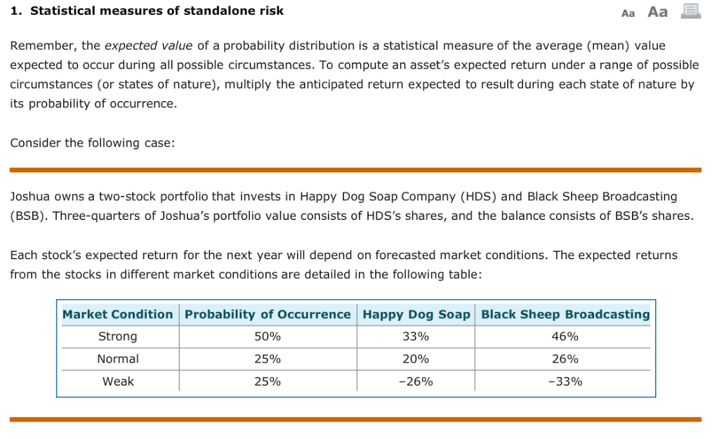 Solved 1. Statistical measures of standalone risk Aa Aa | Chegg.com