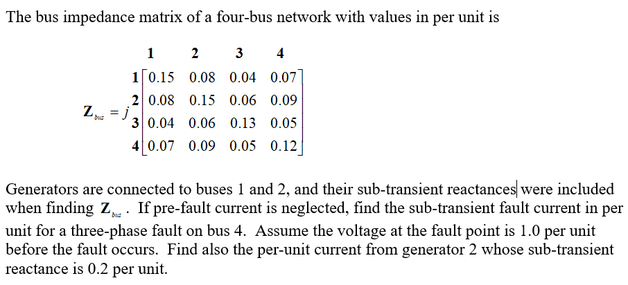Solved The bus impedance matrix of a four-bus network with | Chegg.com