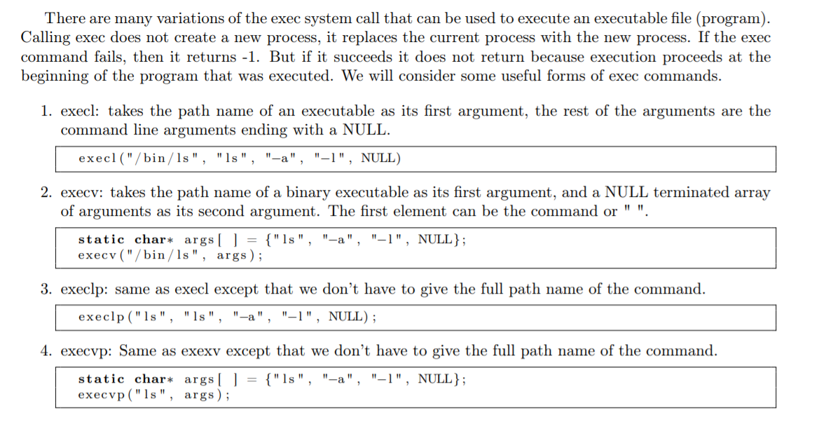 There are many variations of the exec system call | Chegg.com