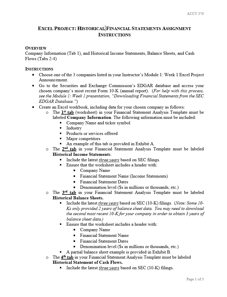 EXCEL PROJECT: HISTORICAL FINANCIAL STATEMENTS | Chegg.com