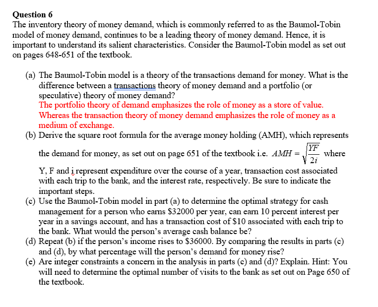 Solved Question 6 The inventory theory of money demand, | Chegg.com