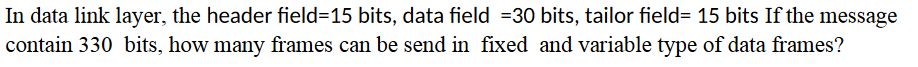 In data link layer, the header field=15 bits, data | Chegg.com