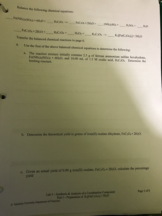 Solved Balance the following chemical equations: H40 H2C204 | Chegg.com