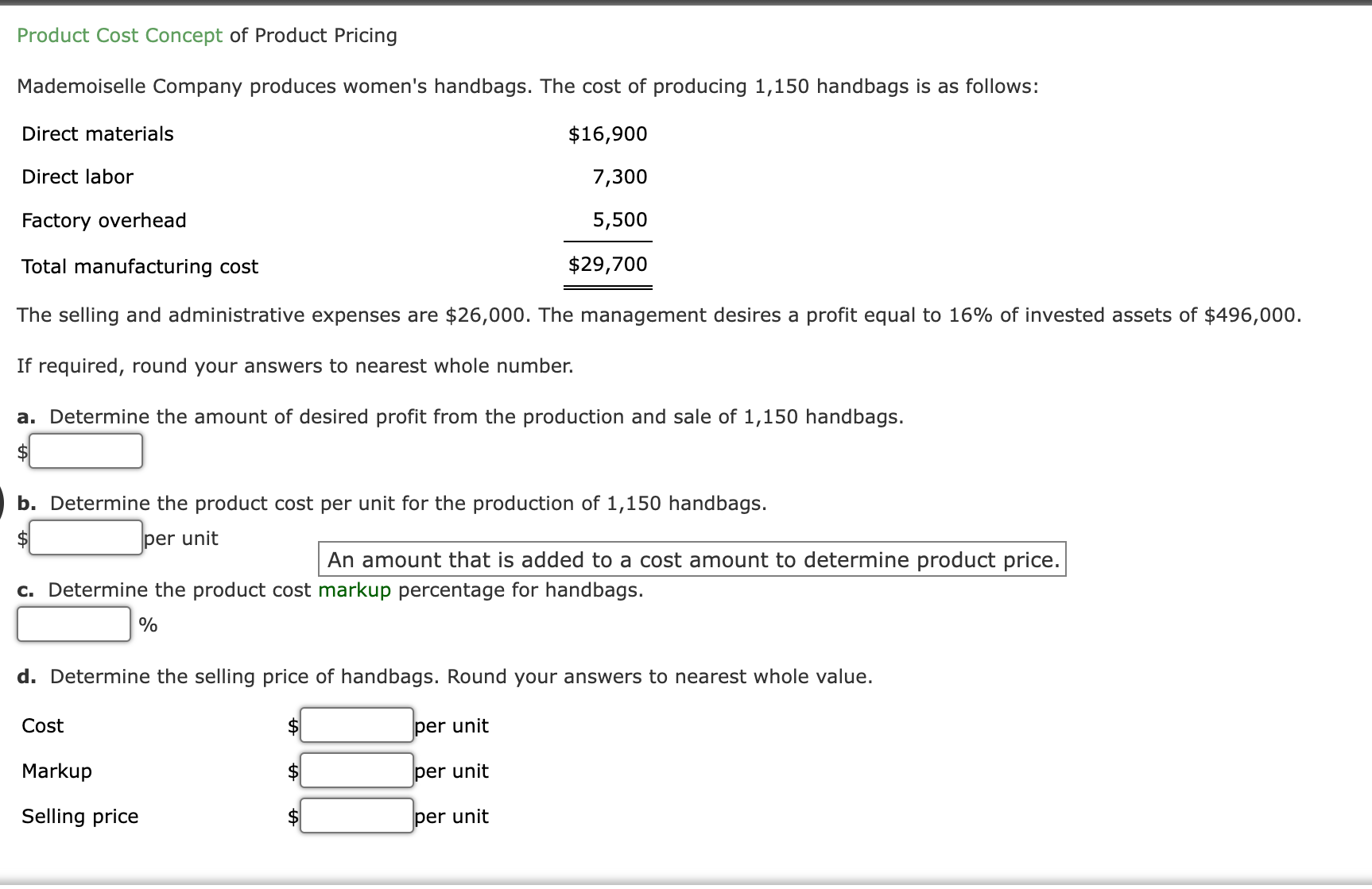 Solved Product Cost Concept of Product Pricing Mademoiselle | Chegg.com