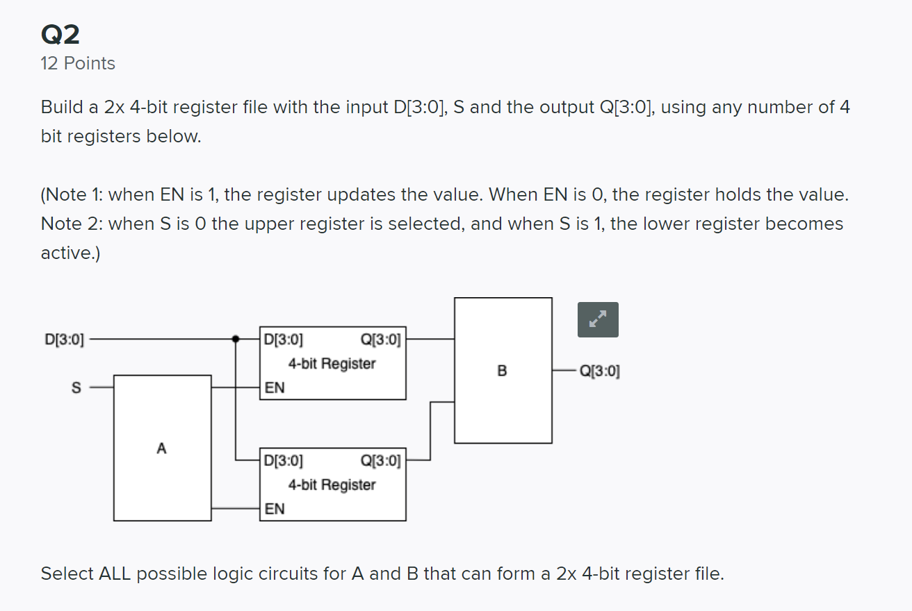 Solved Q2 12 Points Build a 2x 4-bit register file with the | Chegg.com