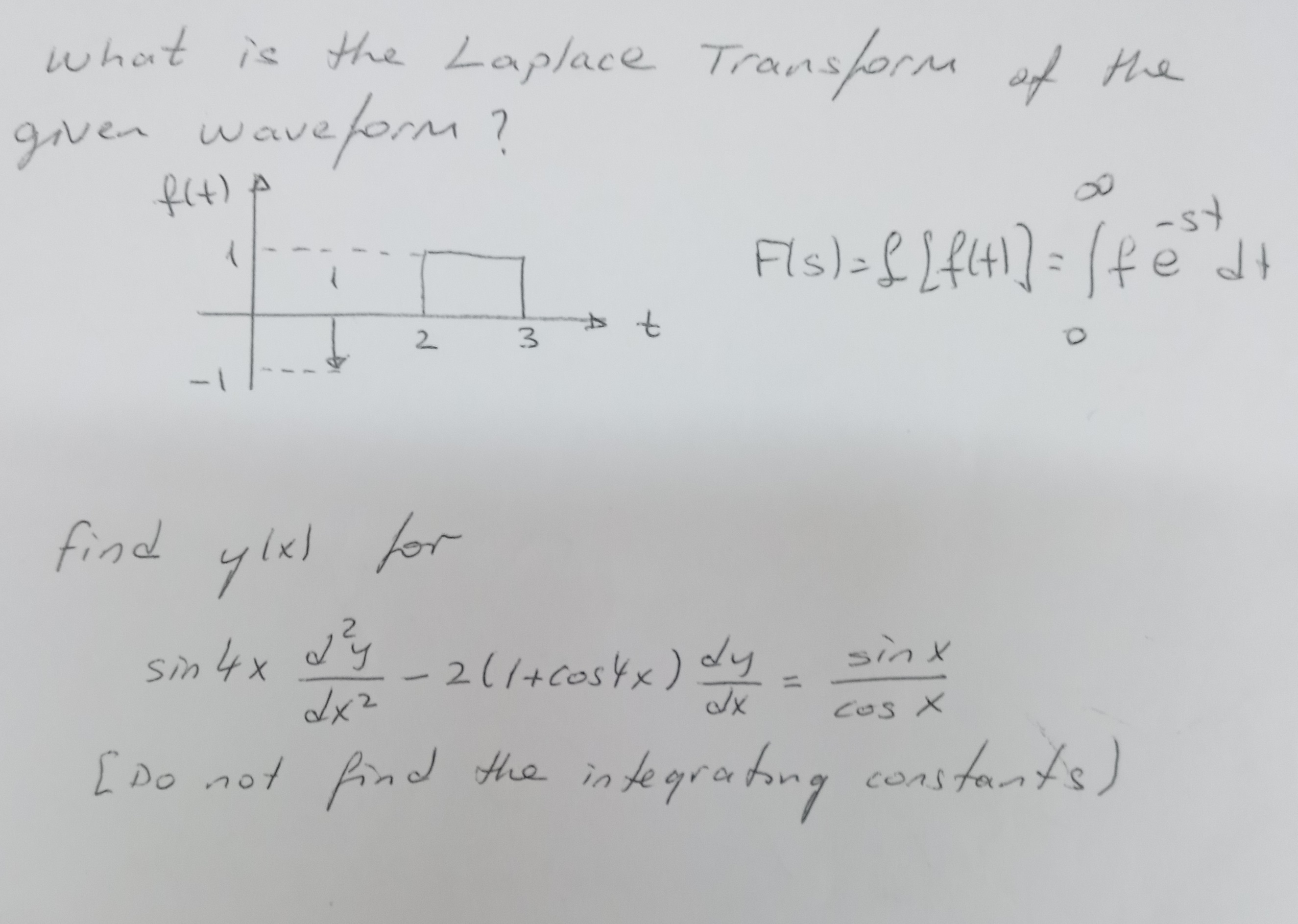 Solved what is the Laplace Transform of the given waveform? | Chegg.com