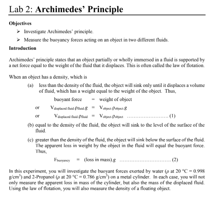 Solved Lab 2: Archimedes' Principle Objectives Investigate | Chegg.com