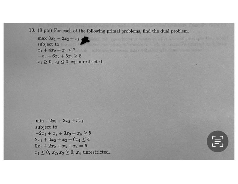 Solved 10. ( 8pts) For each of the following primal | Chegg.com