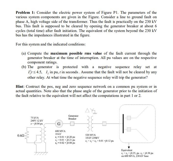 Problem 1: Consider the electric power system of | Chegg.com