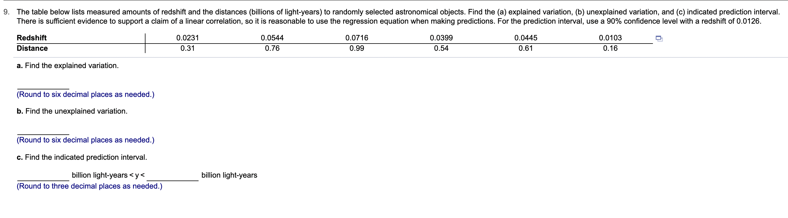 Solved 9. The table below lists measured amounts of redshift | Chegg.com