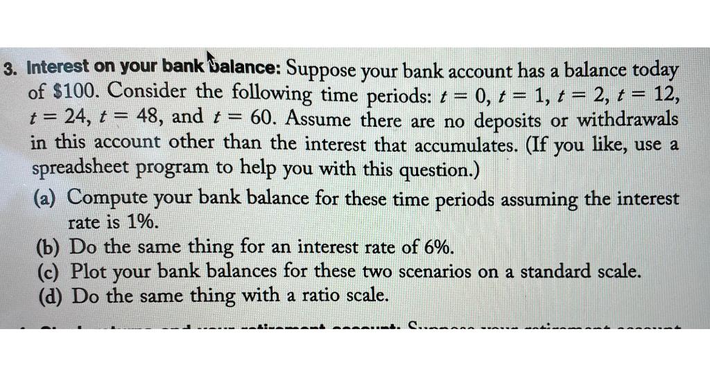 Solved t = 3. Interest on your bank balance: Suppose your | Chegg.com
