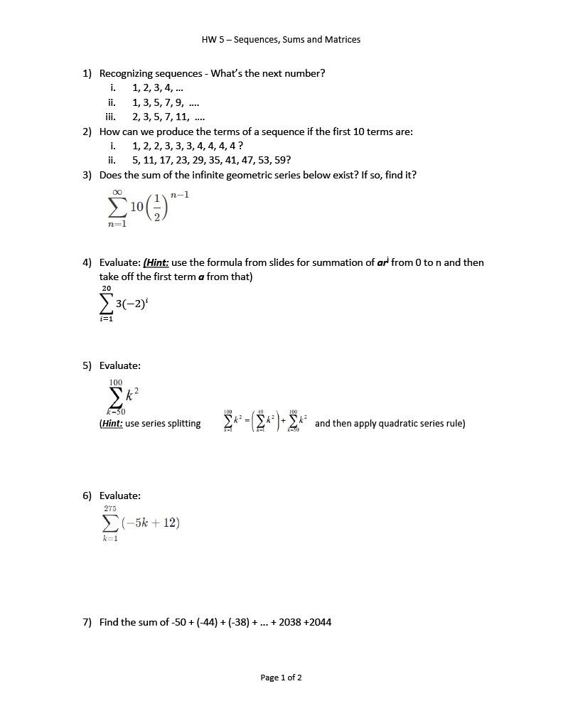 Solved HW 5 - Sequences, Sums and Matrices 1) Recognizing | Chegg.com