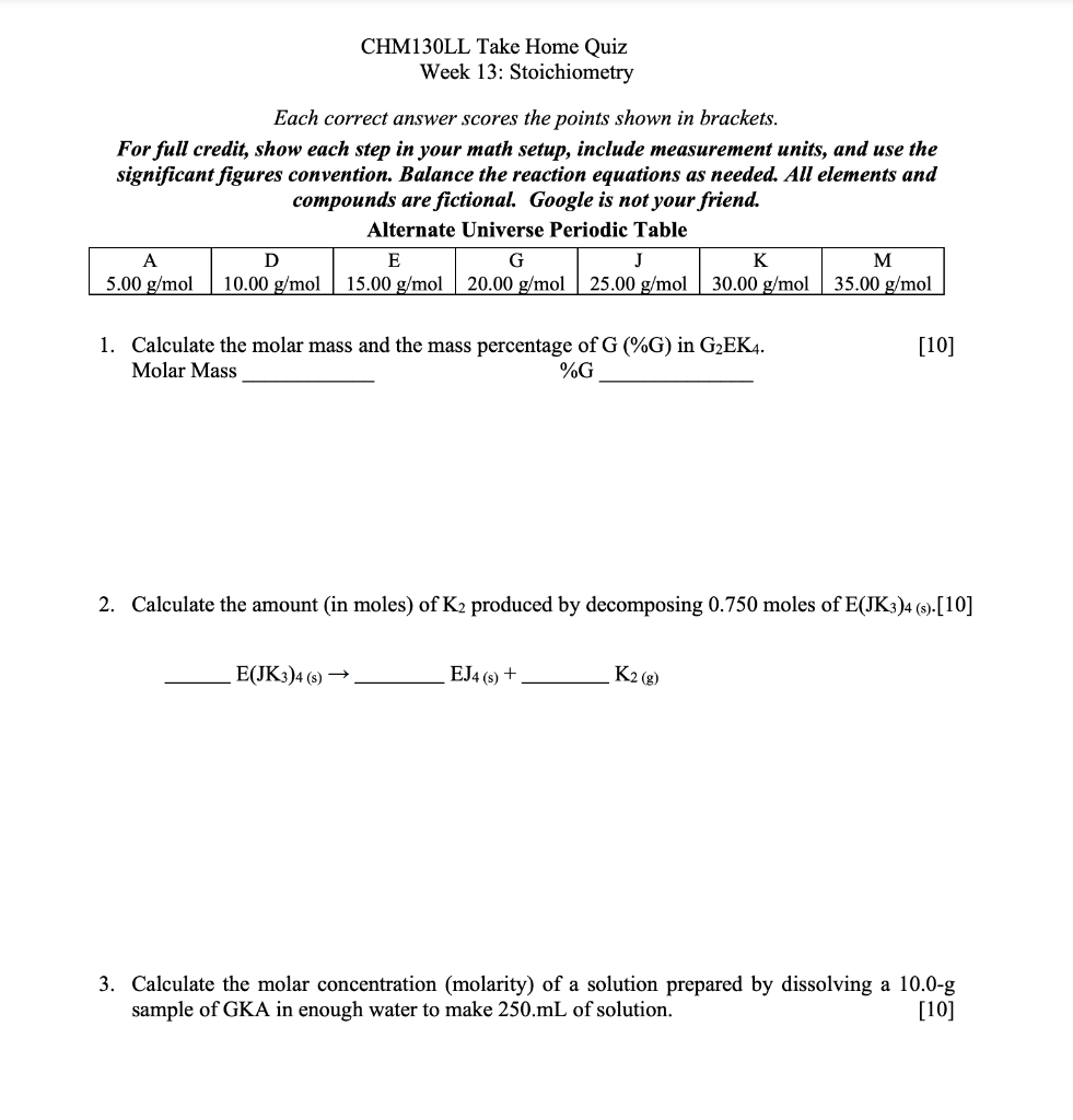 CHM130LL Take Home Quiz Week 13: Stoichiometry Each | Chegg.com