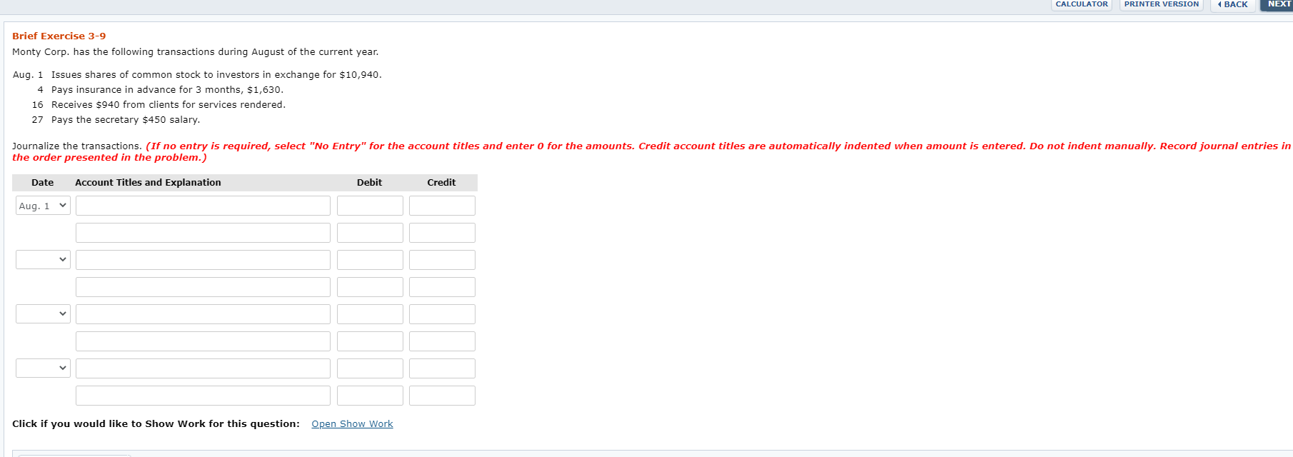 Solved CALCULATOR PRINTER VERSION 4 BACK NEXT Brief Exercise | Chegg.com