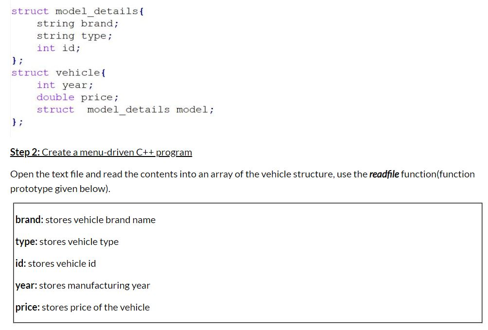 Solved The Problem description A database of vehicle details | Chegg.com