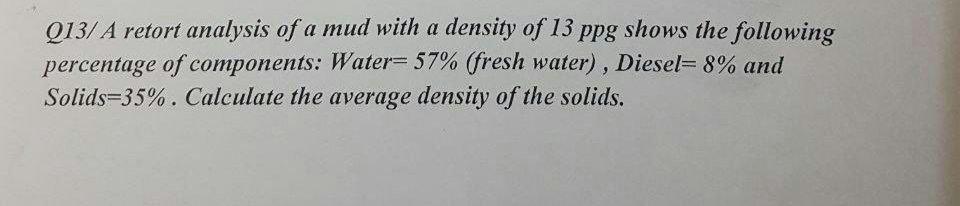 Solved Q13/ A retort analysis of a mud with a density of 13 | Chegg.com