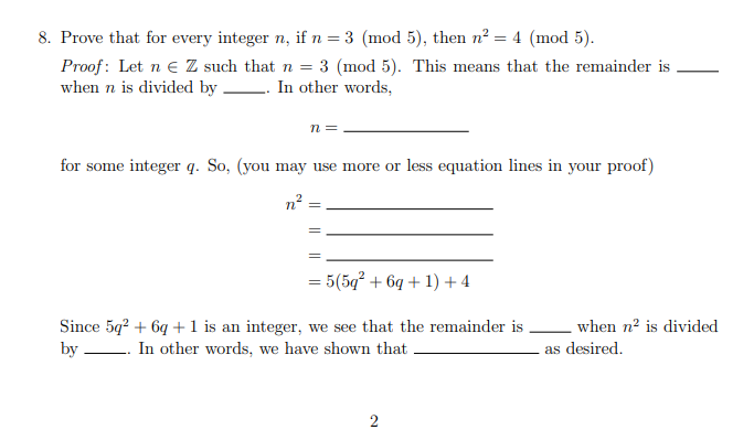 Solved 8. Prove that for every integer n, if n = 3 (mod 5), | Chegg.com