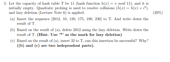 Solved h(x)=xmod11 ((?bar (h))(x)=h(x)+i2),and lazy deletion | Chegg.com
