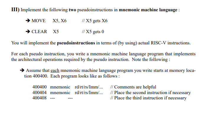 III) Implement the following two pseudoinstructions | Chegg.com
