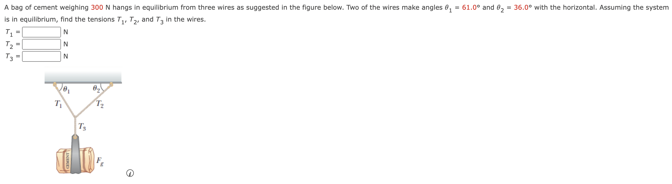 Solved is in equilibrium, find the tensions T1,T2, and T3 in | Chegg.com
