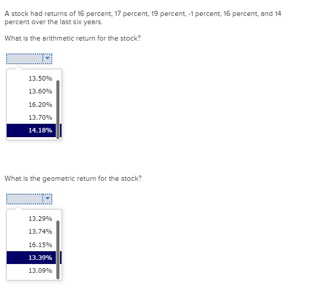 Solved A stock had returns of 16 percent, 17 percent, 19 | Chegg.com