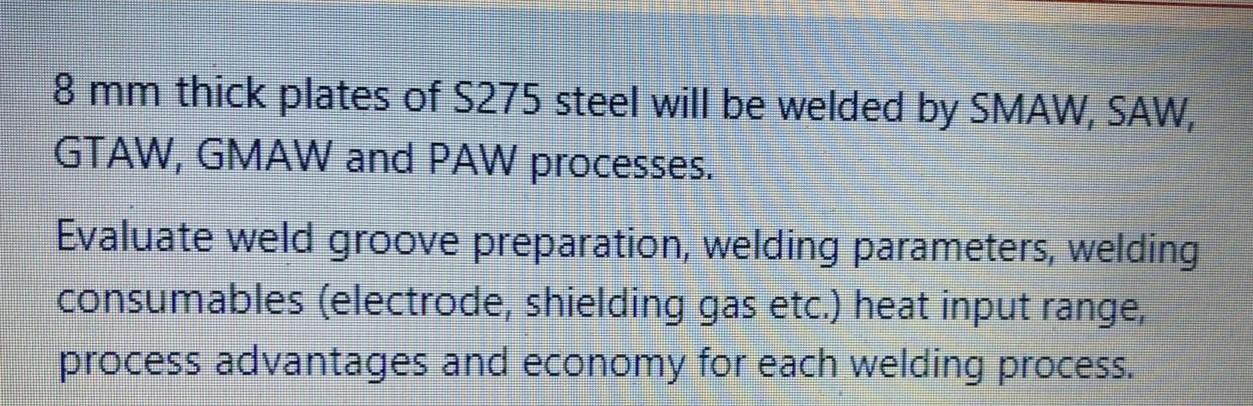 Solved 8 mm thick plates of S275 steel will be welded by | Chegg.com