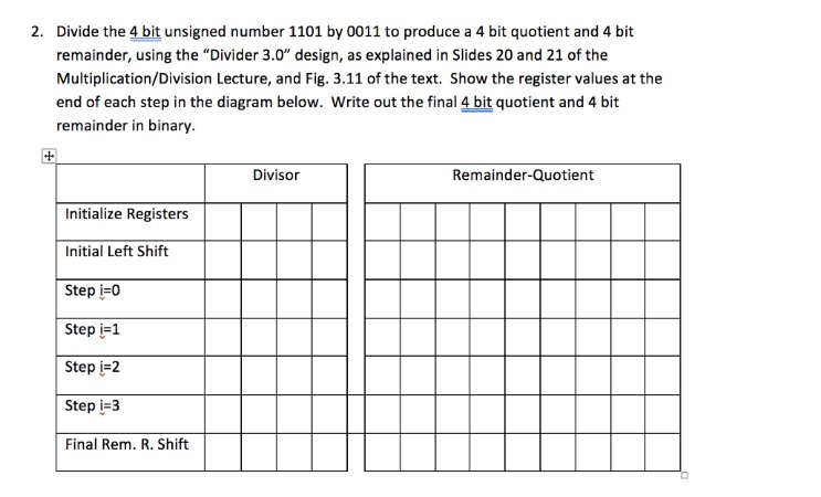2. Divide the 4 bit unsigned number 1101 by 0011 to | Chegg.com