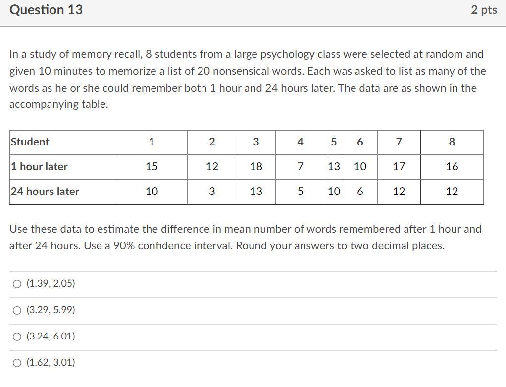 Solved Question 13 2 pts In a study of memory recall, 8 | Chegg.com