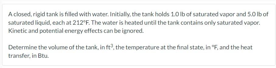 Solved A closed, rigid tank is filled with water. Initially, | Chegg.com
