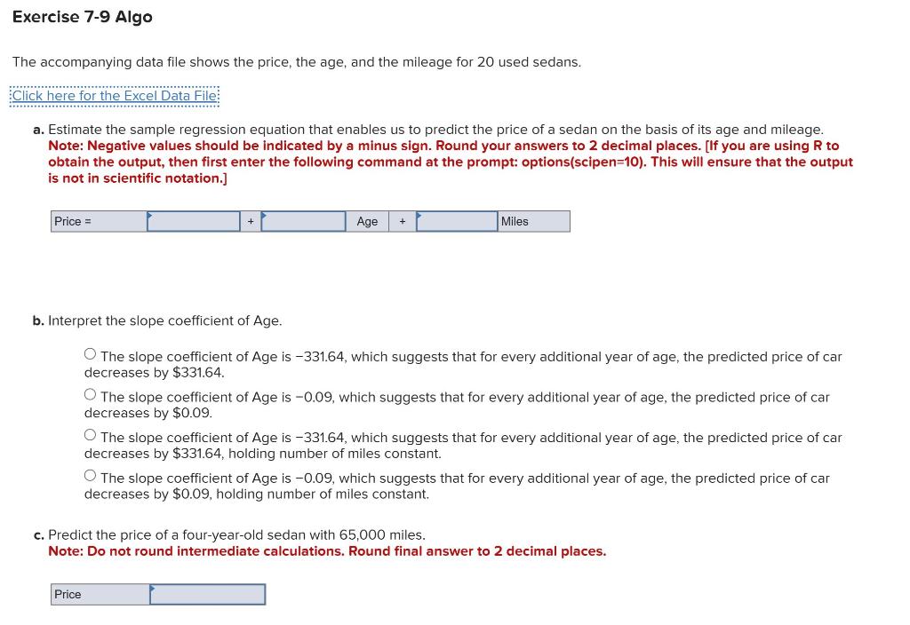 Solved The accompanying data file shows the price, the age, | Chegg.com