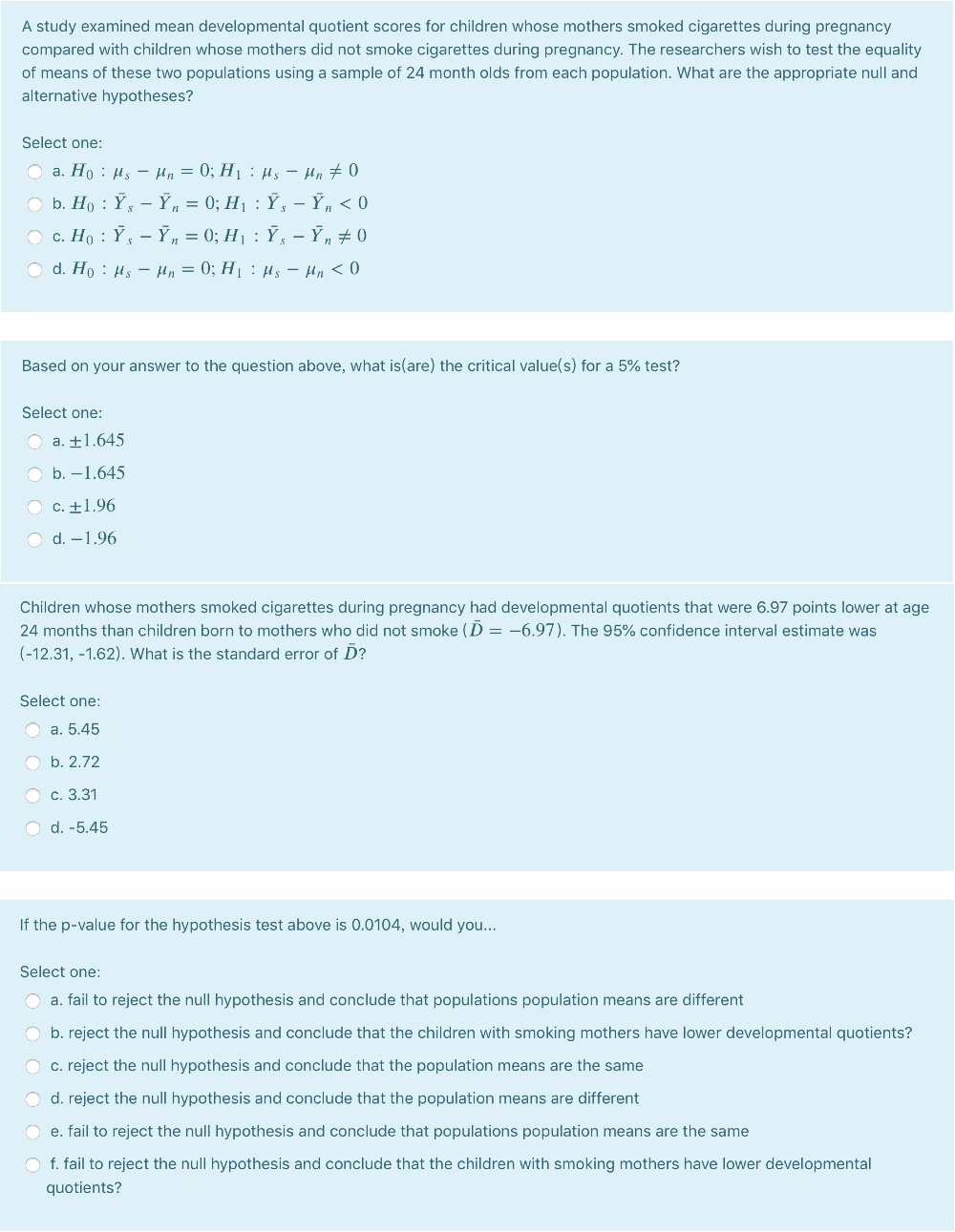 Solved A study examined mean developmental quotient scores | Chegg.com
