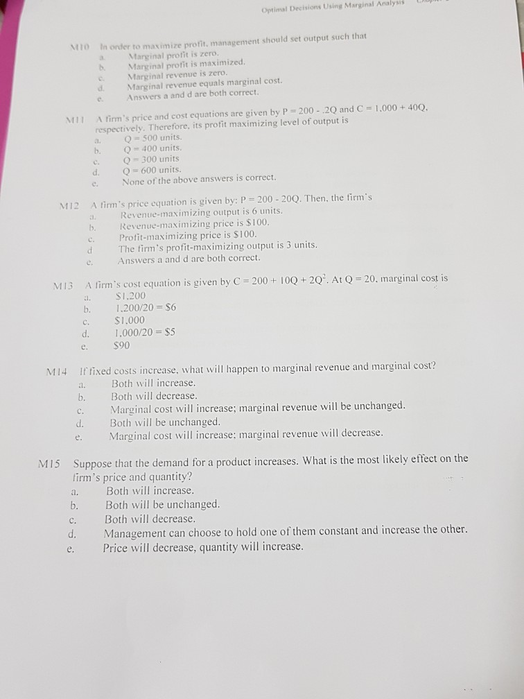 Solved OPTIMAL DECISIONS USING MARGINAL ANALYSIS t he fottow | Chegg.com