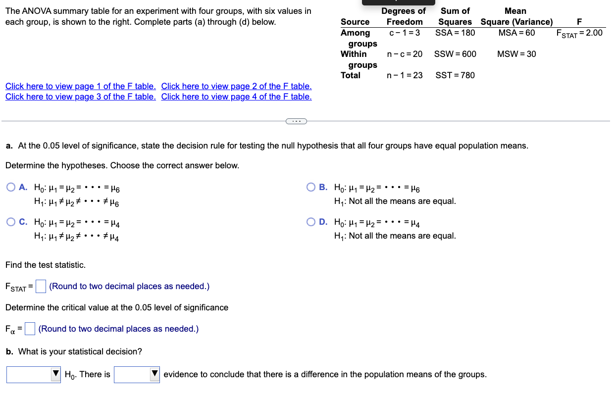 Solved The ANOVA summary table for an experiment with four | Chegg.com