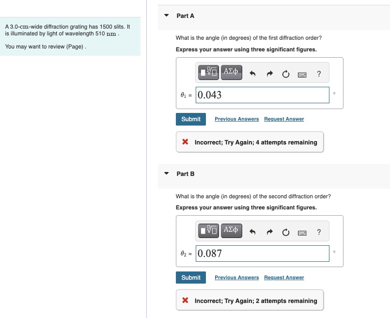 Solved A 3.0 -cm-wide diffraction grating has 1500 slits. It | Chegg.com