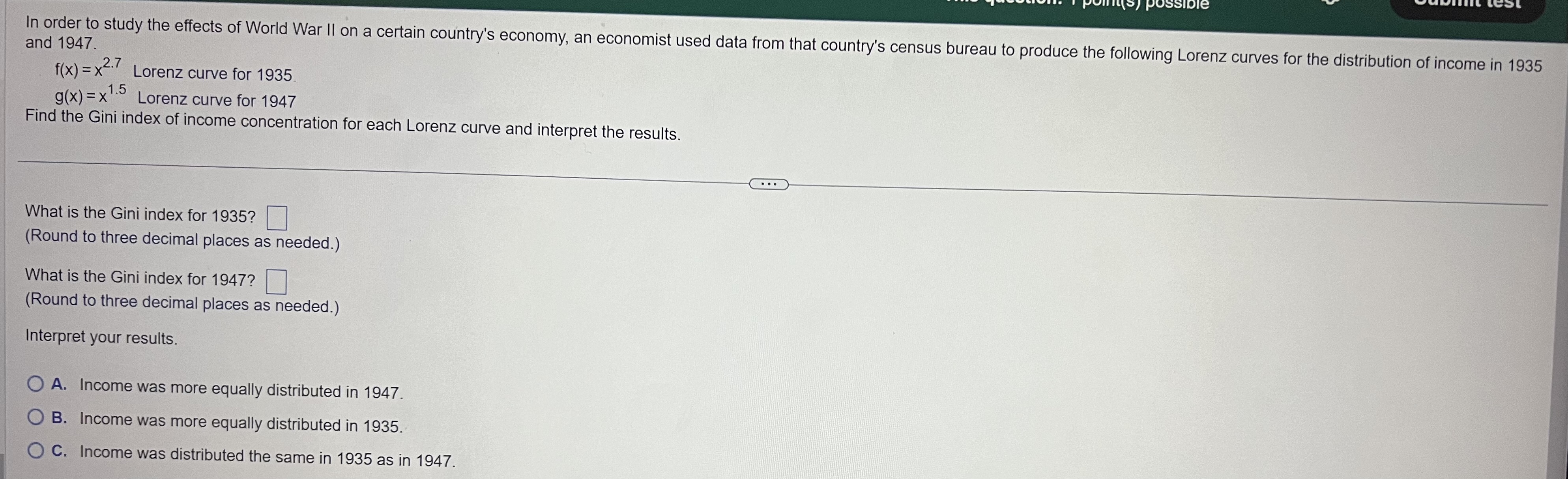 Solved 7. f(x)=x2.7 Lorenz curve for 1935 g(x)=x1.5 Lorenz | Chegg.com