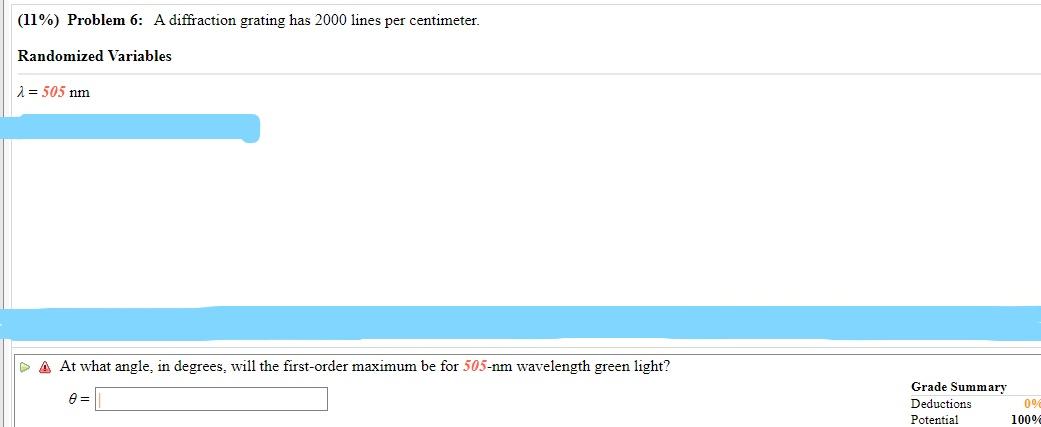 Solved (11\%) Problem 6: A diffraction grating has 2000 | Chegg.com Solved (11\%) Problem 6: A diffraction grating has 2000 | Chegg.com