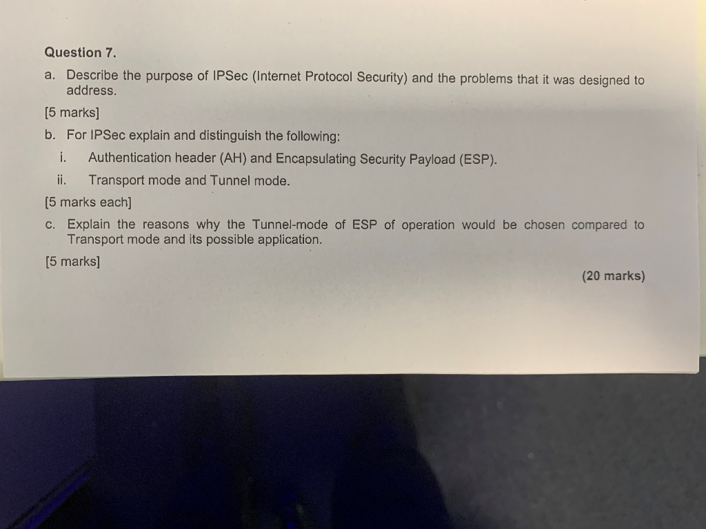 Solved i. Question 7. a. Describe the purpose of IPSec | Chegg.com