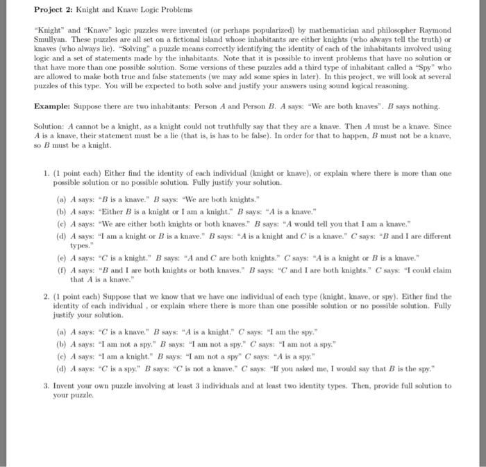 Project 2: Knight and Knave Logic Problems "Knight" | Chegg.com