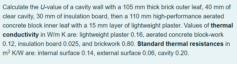 Solved Calculate the U-value of a cavity wall with a 105 mm | Chegg.com