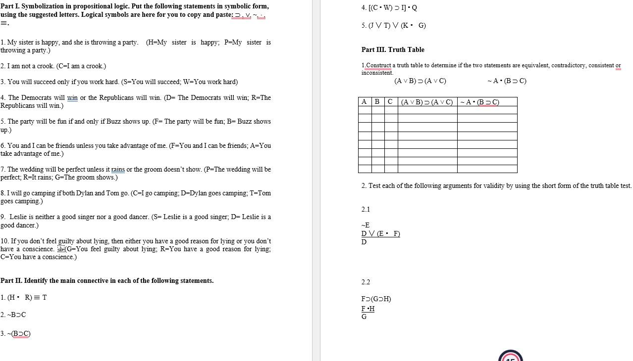 Solved 4.[(C.W) - I]. Part I. Symbolization in propositional | Chegg.com