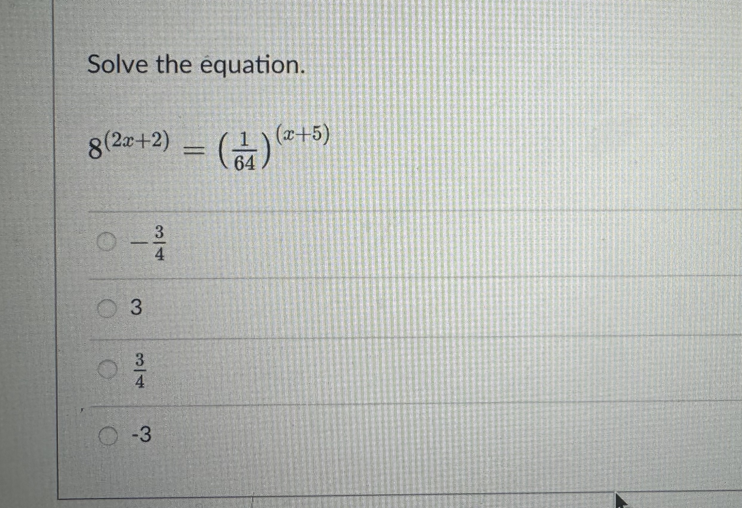 Solved Solve the equation. 8(2x+2)=(641)(x+5) | Chegg.com