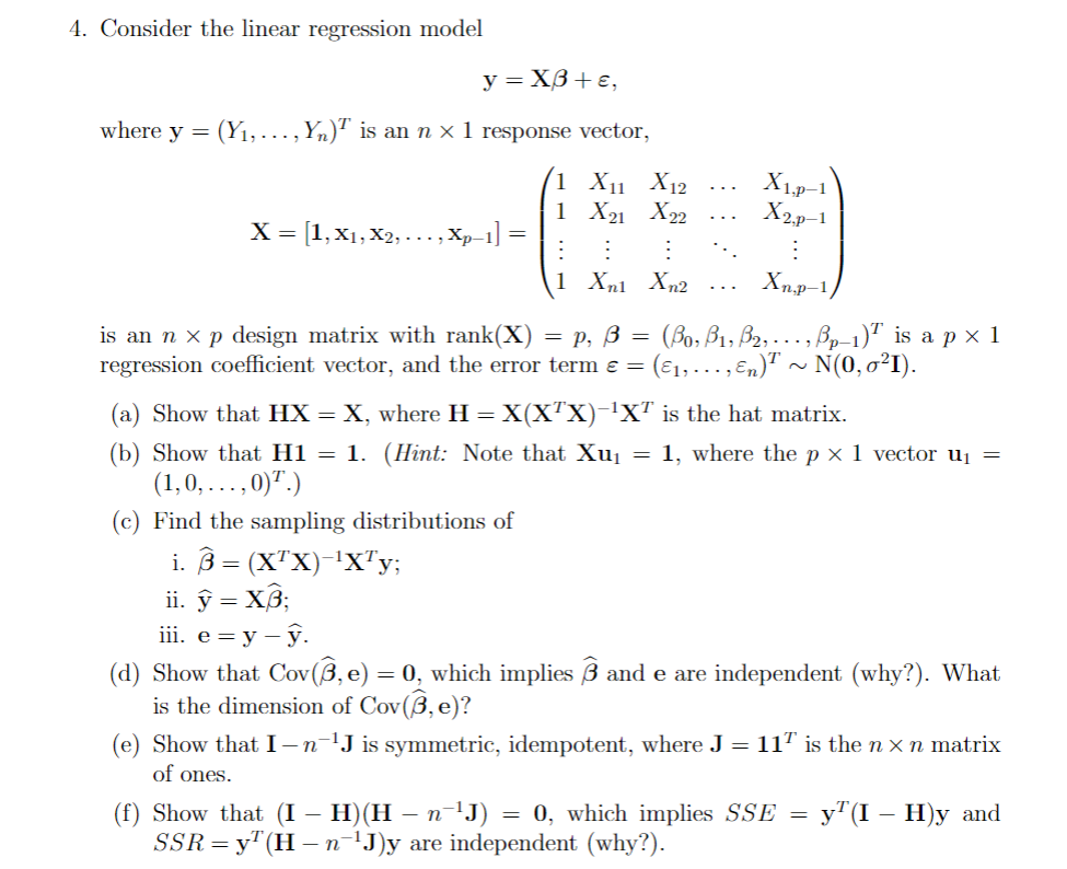 4. Consider the linear regression model y=Xβ+ε, where | Chegg.com
