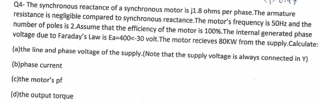 Solved Q4- The synchronous reactance of a synchronous motor | Chegg.com