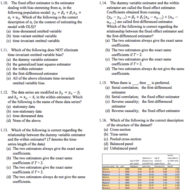 Solved 1.10. The fixed effect estimator is the estimator | Chegg.com