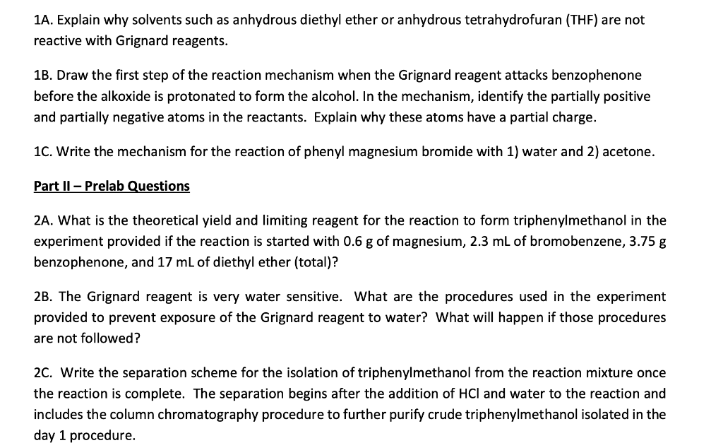 Solved 1A. Explain why solvents such as anhydrous diethyl | Chegg.com