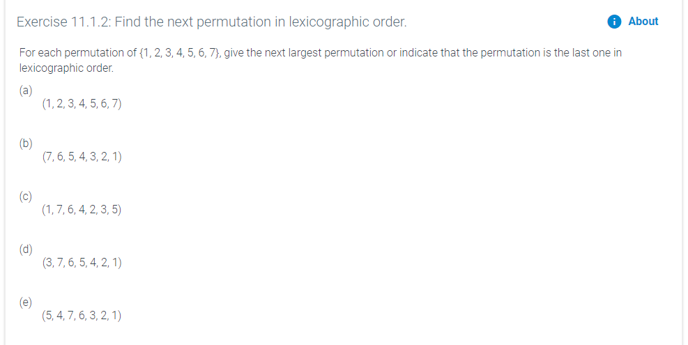 Solved Exercise 11.1.2: Find the next permutation in | Chegg.com