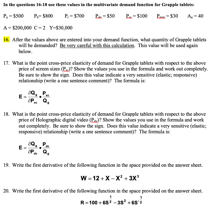 Solved In the questions 16-18 use these values in the | Chegg.com