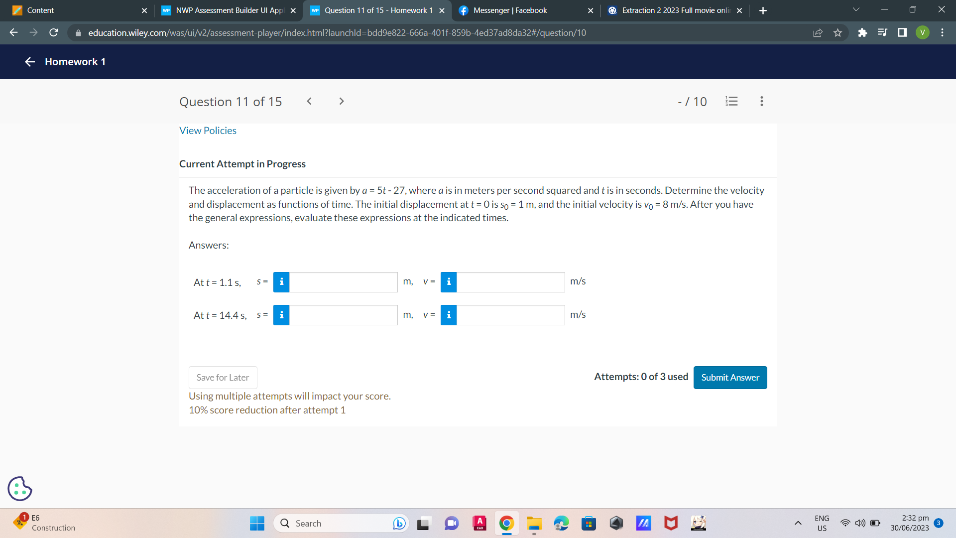 Solved The Acceleration Of A Particle Is Given By A 5t−27
